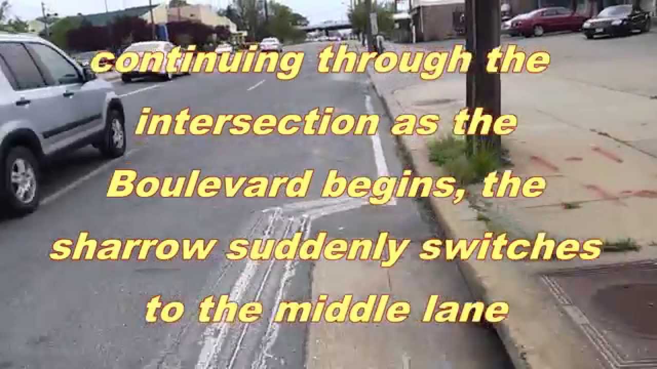 Sharrows create danger for bikes on the Boulevard (annotated) - YouTube