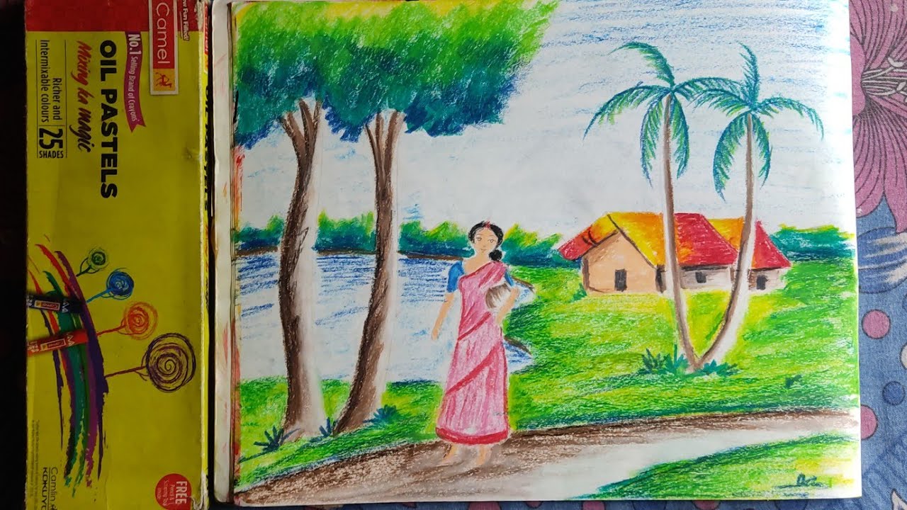 Haw to draw a village seen oil pastel||village woman drawing|| step by ...