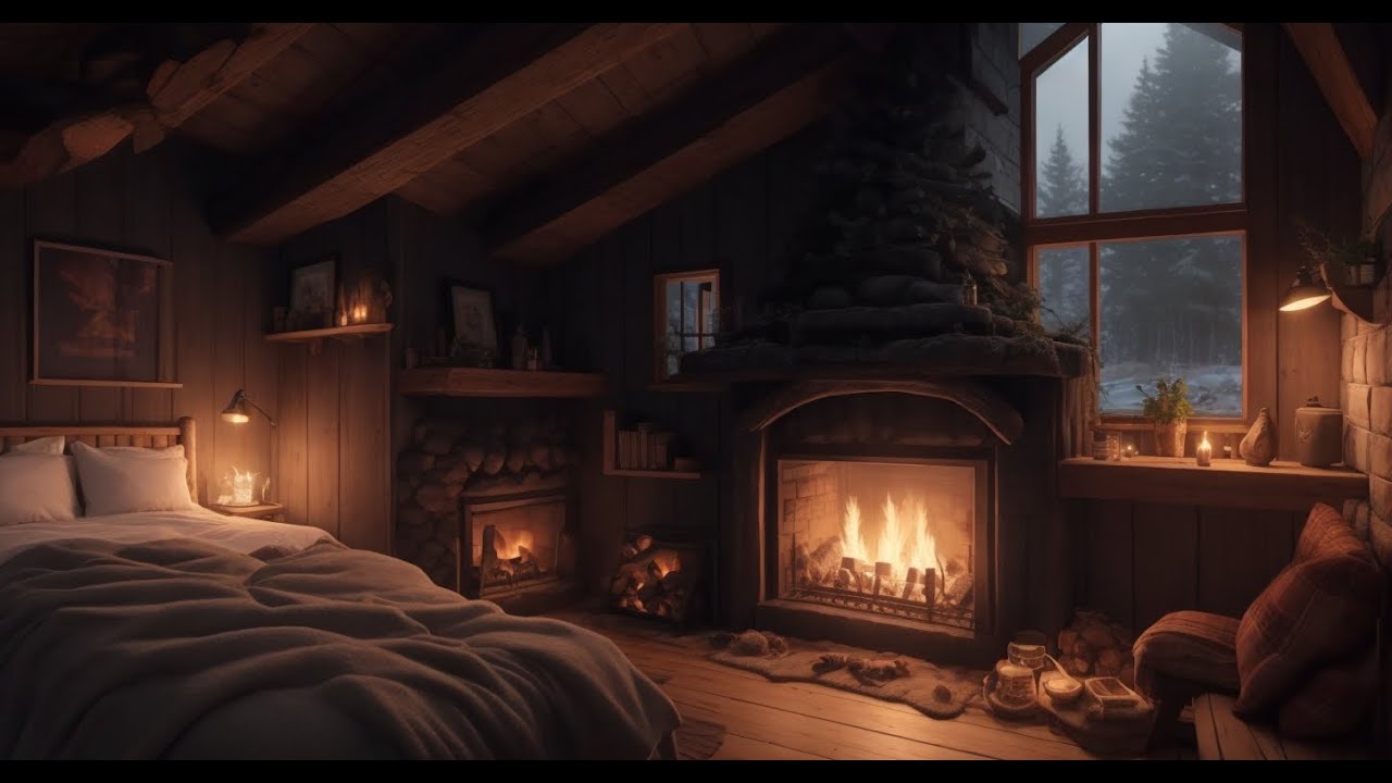 Cozy Cabin Ambience | Rain and Fireplace Sounds at Night | 1 Hour for ...