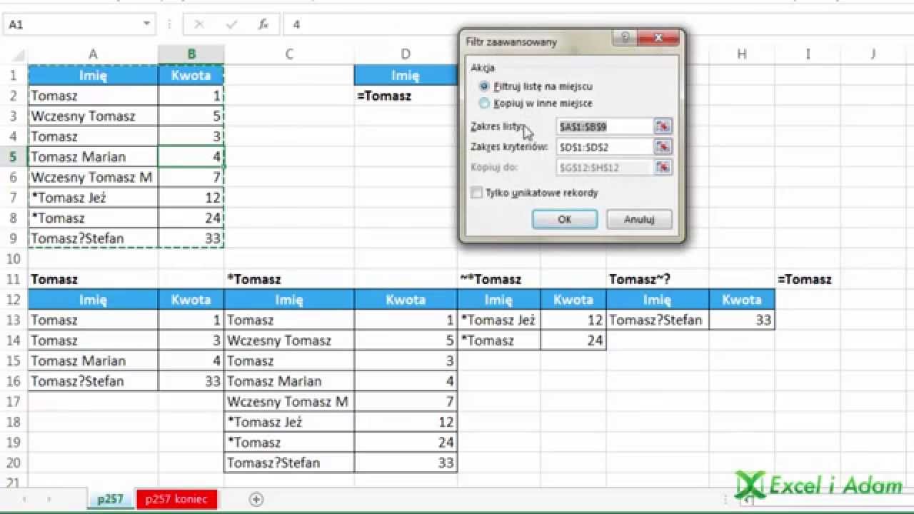 Excel Filtrowanie Zaawansowane Wartości Tekstowych Również Z Gwiazdką