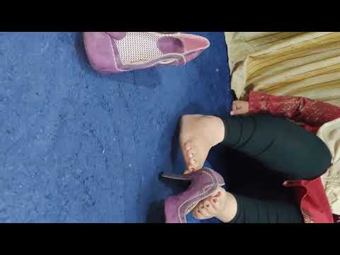 My thick mature feet in purple flower heels