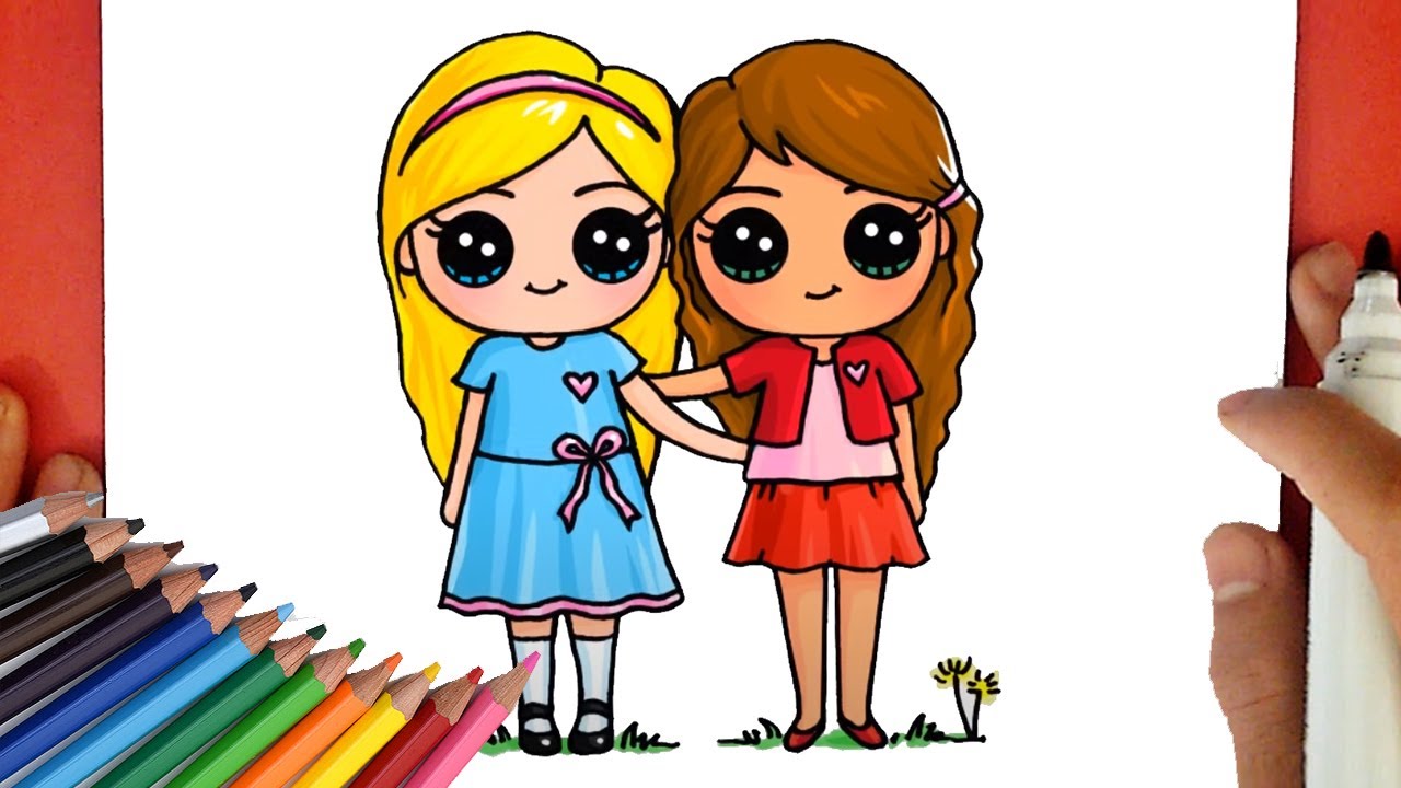 How to Draw Two Cute Girls Easy - Best Friends Forever - YouTube