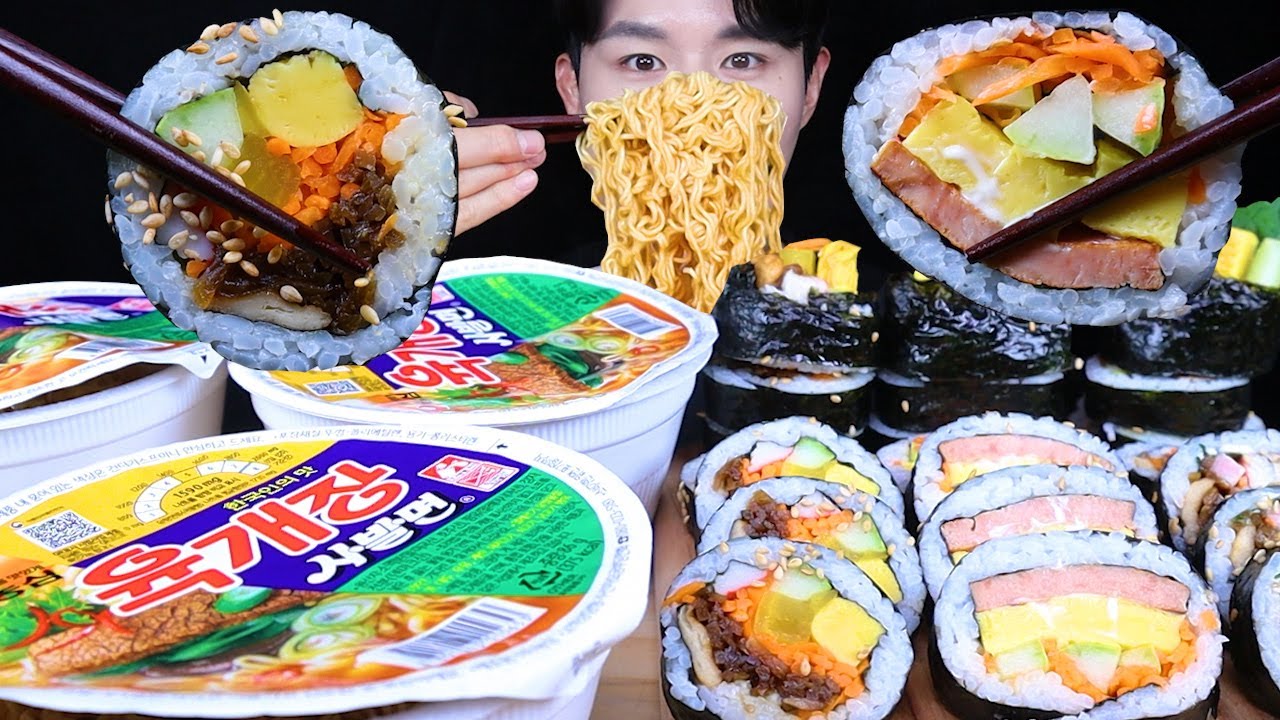 육개장 참치김밥 스팸김밥 김밥 라면 먹방ASMR MUKBANG SPICY NOODLES & SPAM & TUNA & KIMBAB ...