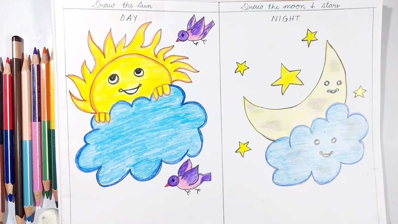 Drawing Of Sun | Drawing Of Moon & Star | Easy Drawing For Kids - YouTube