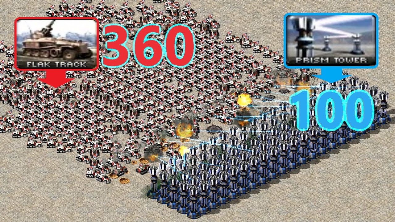 Flak Tracks vs Prism Towers - Same Cost + Power - Red Alert 2 - YouTube