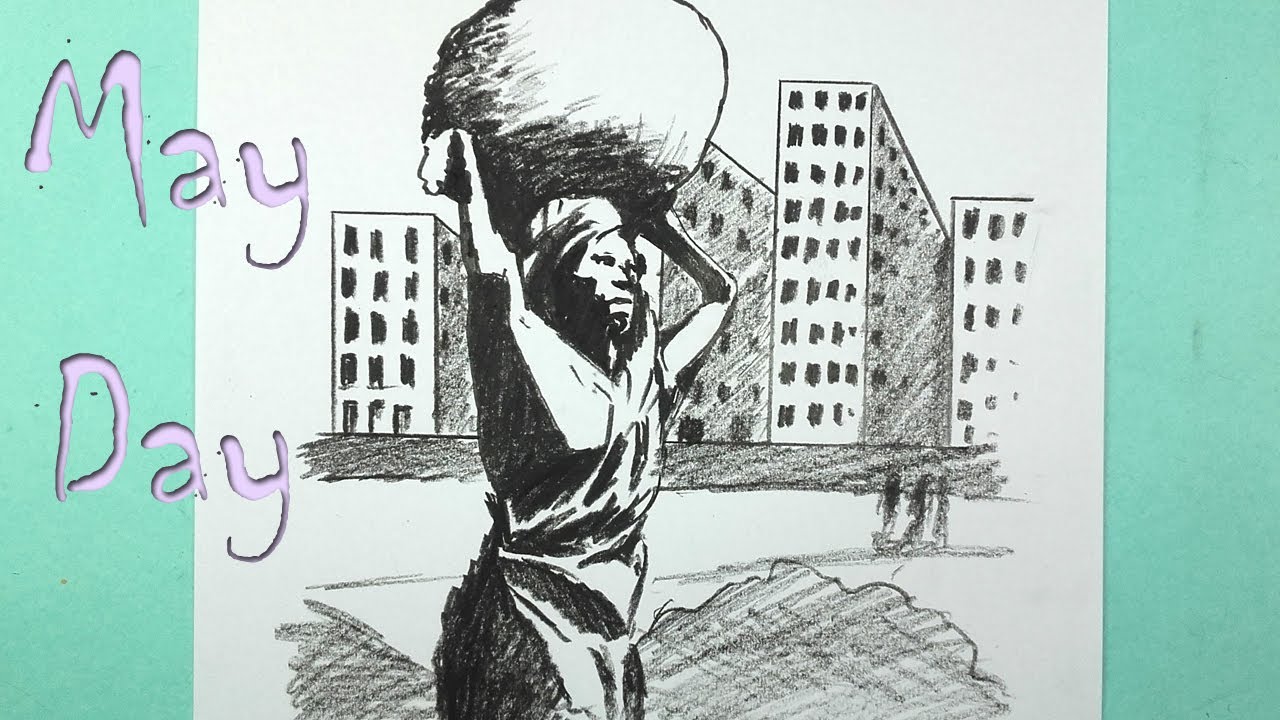 HOW TO DRAW LABOUR DAY Charcoal Drawing | Easy May Day poster Drawing ...