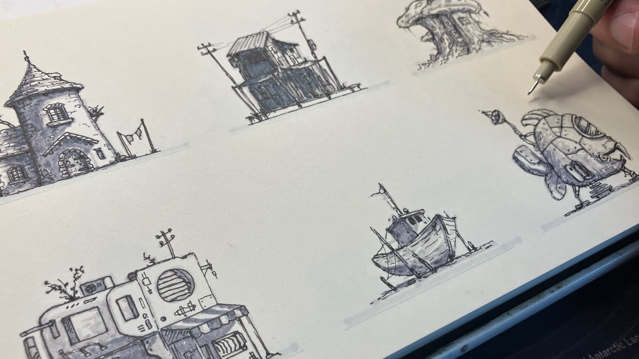 Drawing some random buildings & objects using Ink & Grey pens - YouTube