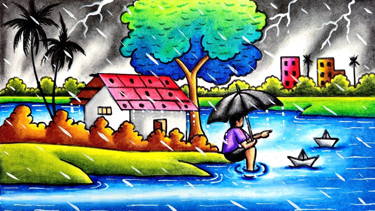 rainy season drawing/rainy day drawing/বর্ষাকালের দৃশ্য আঁকা/বর্ষাকালের ...