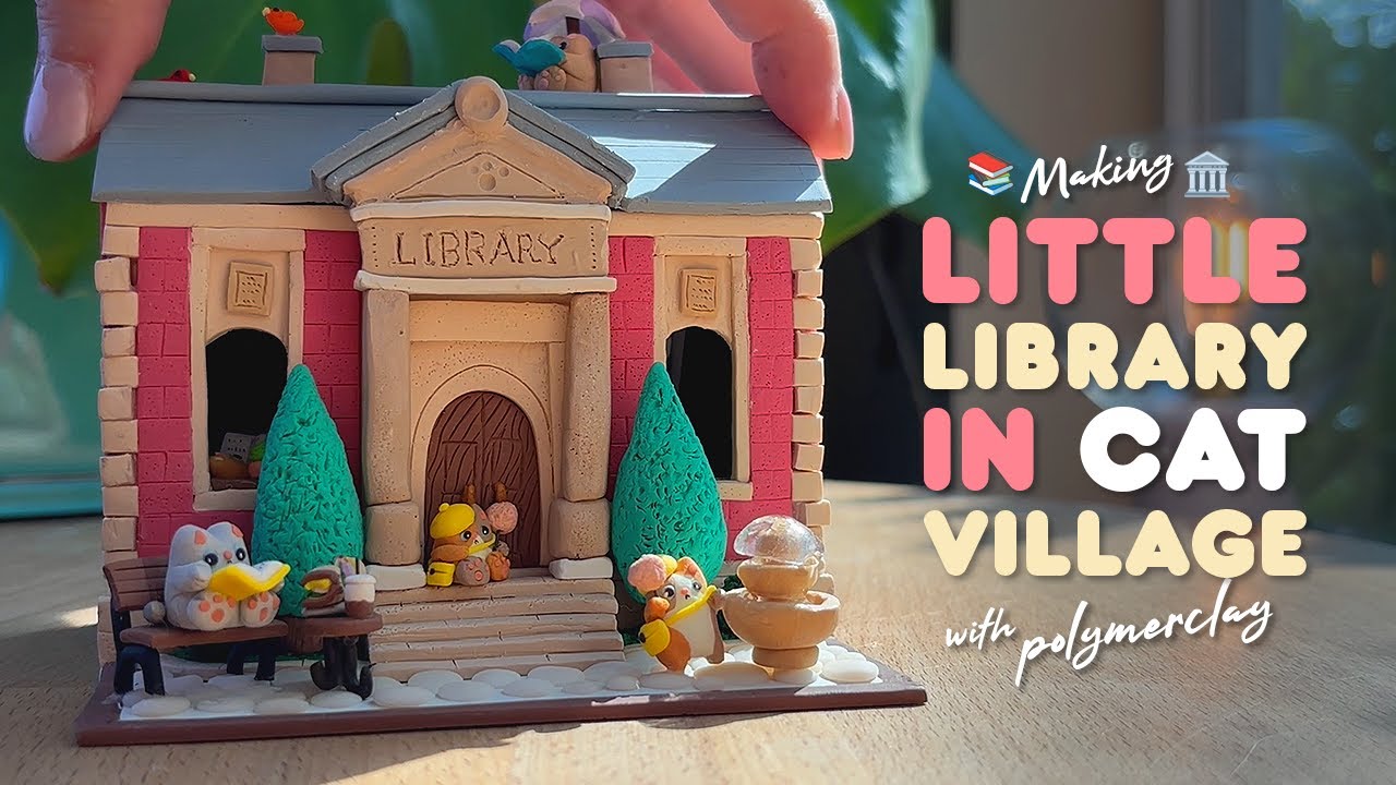 Making 📚 Tiny Library 🏛️ Tiny Cat Village 🐱with polymer clay! - YouTube