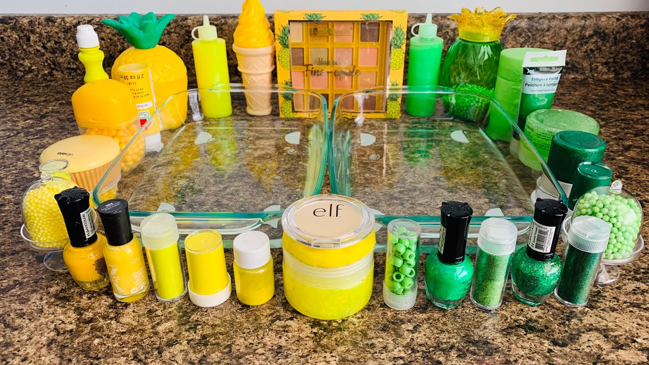 YELLOW VS GREEN'' PINEAPPLE THEME''(MIXING GLITTER & MORE TO SLIME ...