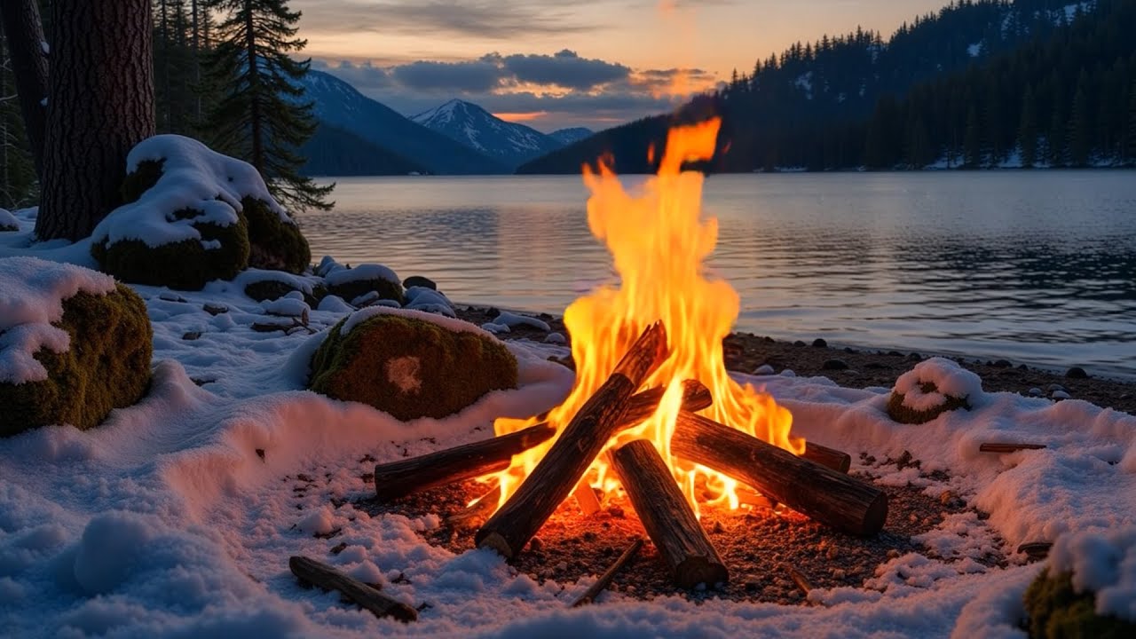 Lakeside Campfire (12 HRS). Nature Sound — Cozy Crackling Wood, Winter ...