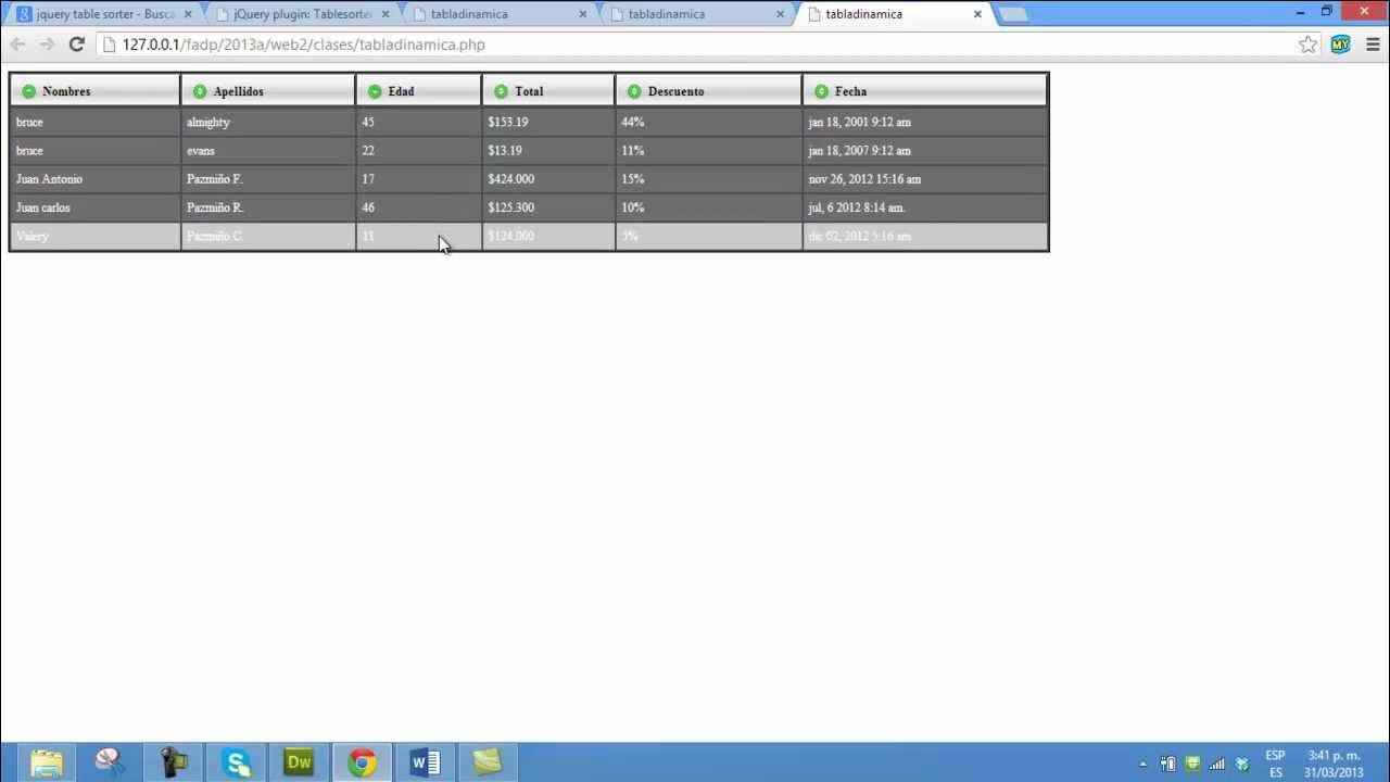 Tablas dinámicas: Parte 2. Utilizar el plugin JQUERY tablesorter - YouTube