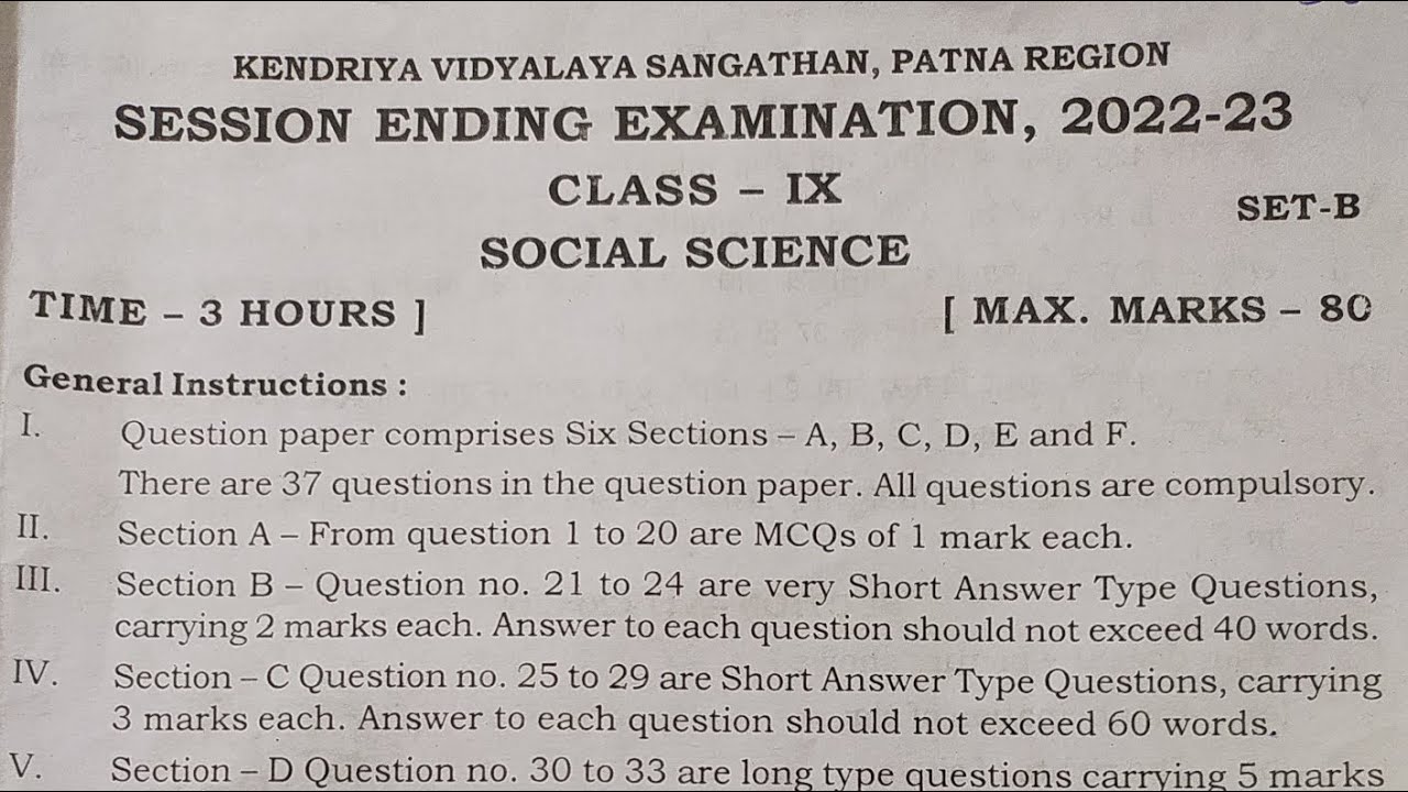 Kendriya Vidyalaya Class 9 Social Science Final Exam Question Paper ...