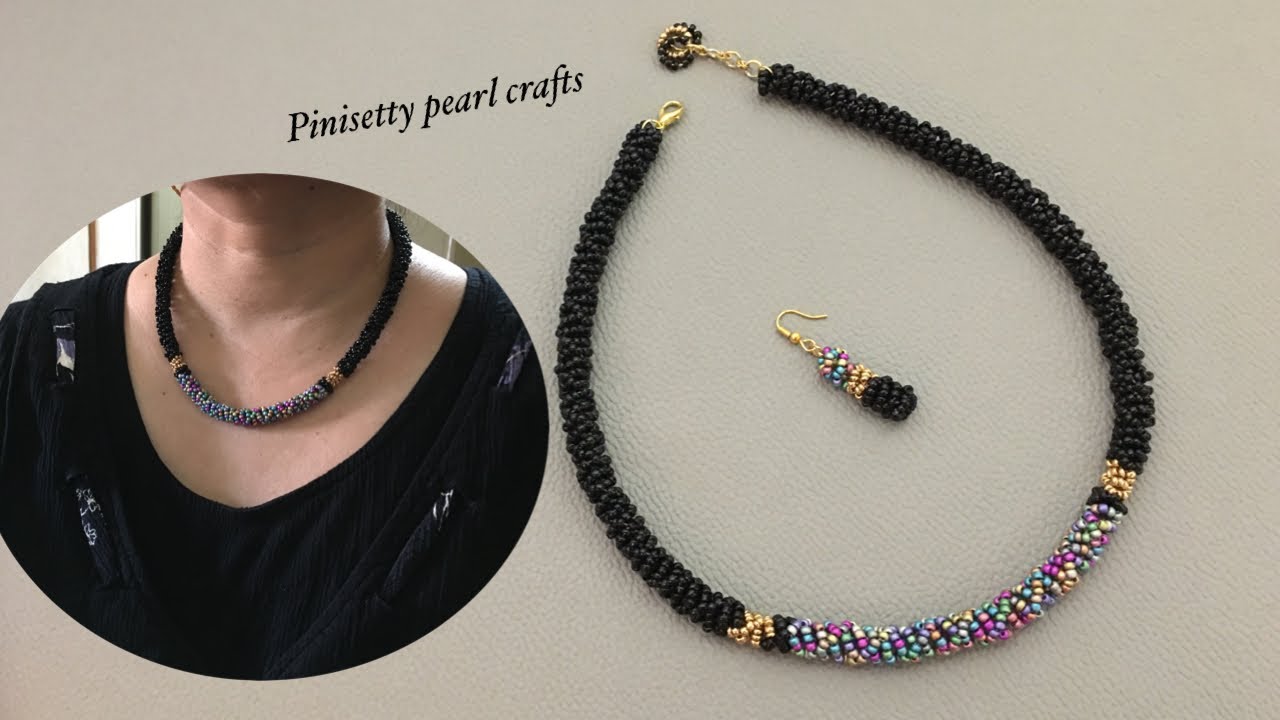 How to make seed bead rope necklace set/Black beads tubular rope ...