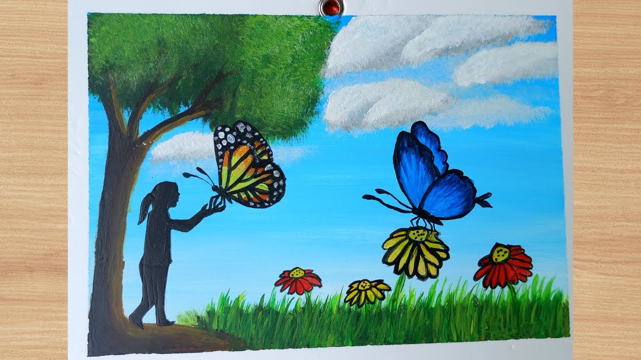 Learn to Draw a Girl, Butterfly, and Tree in a Colorful Flower Garden ...