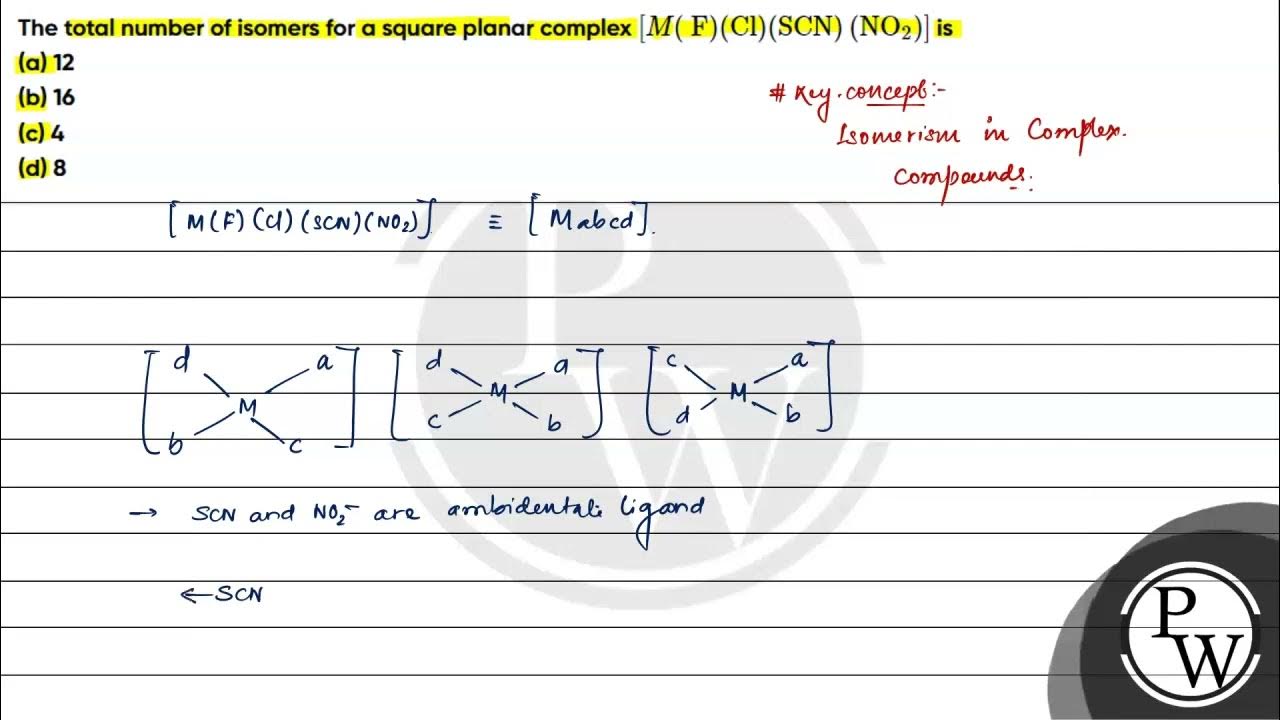The total number of isomers for a square planar complex \( \left[M(\mathrm{~F})(\mathrm{Cl})(\ma ...