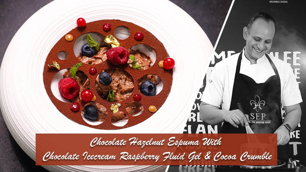 Chocolate Hazelnut Espuma with Chocolate Ice cream Raspberry Fluid Gel ...