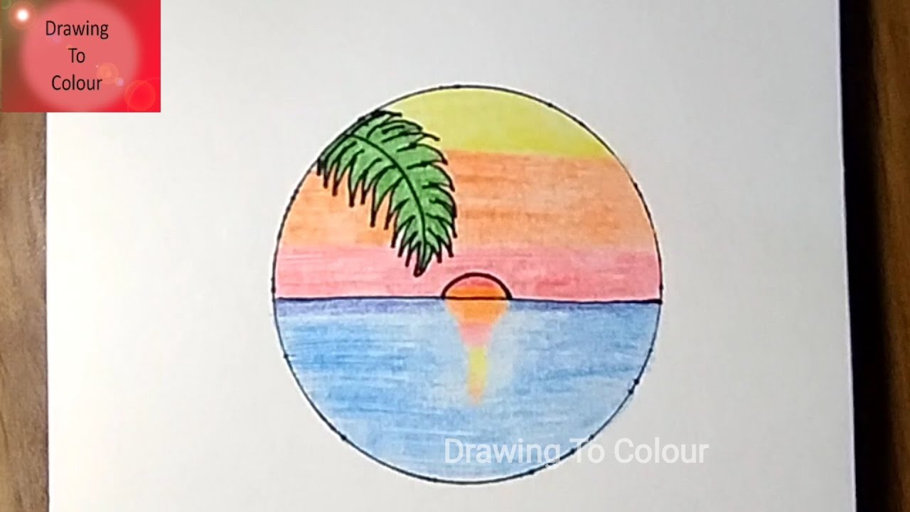 Sunset Scenery Drawing Easy | How To Draw Sunset Scenery | Lake Sunset ...