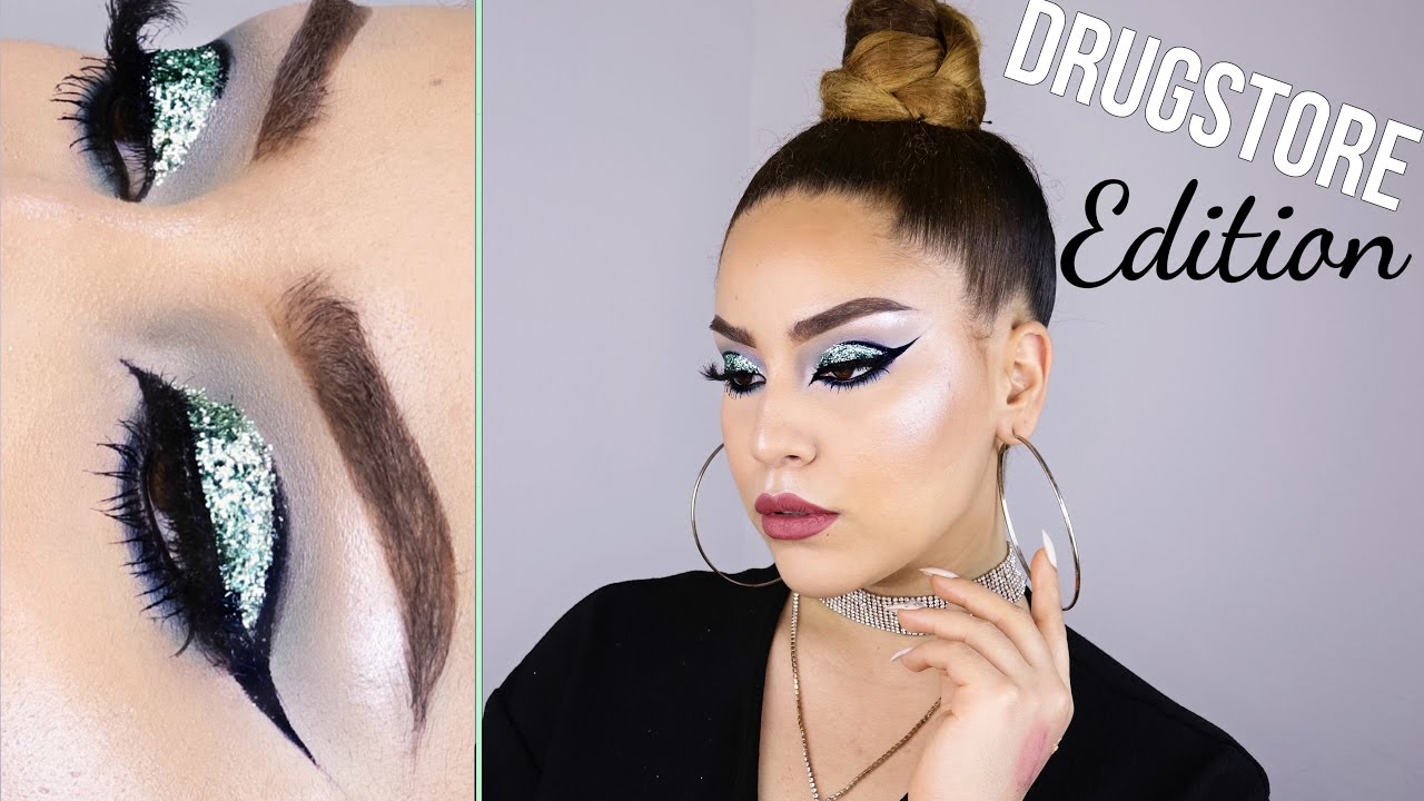 DRUGSTORE Glitter Cut Crease Wing Liner Full Makeup Tutorial ...