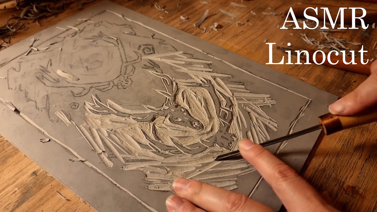 ASMR - 3h09 real linocut process. Relaxing wood and lino sounds, no ...