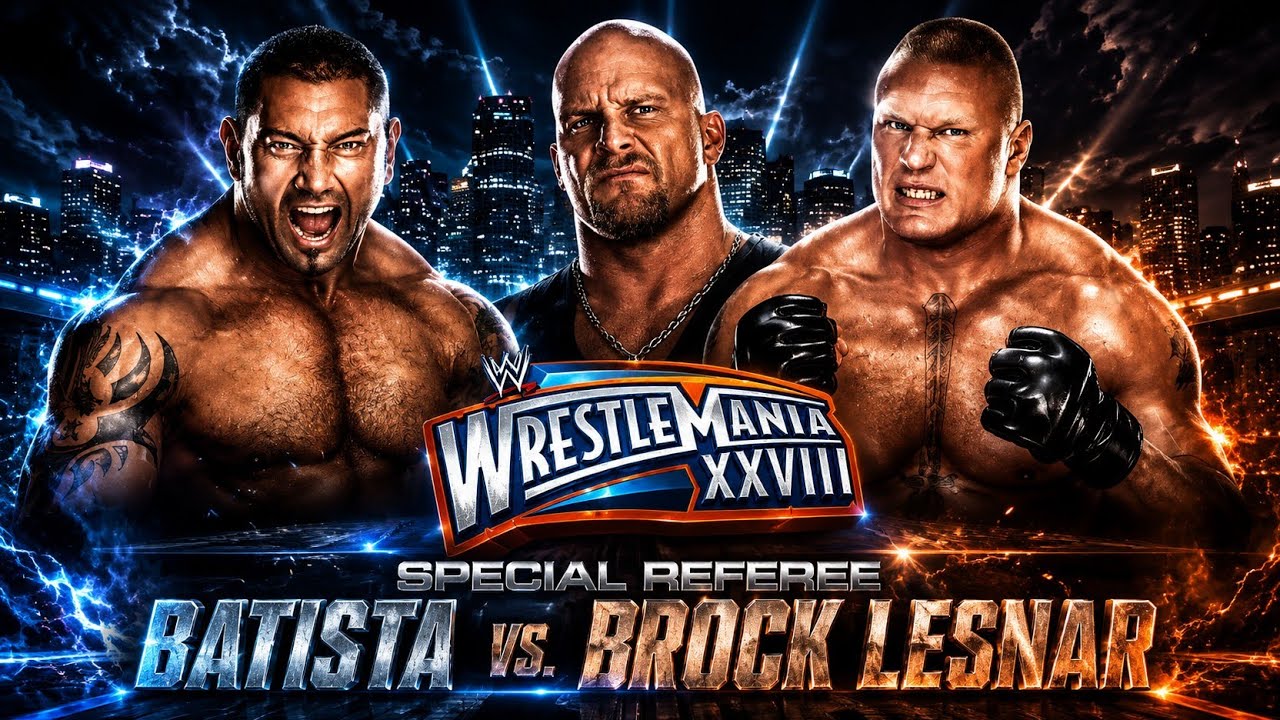 BATISTA VS BROCK LESNAR IN A SPECIAL REFEREE MATCH AT WRESTLEMANIA 28 ...