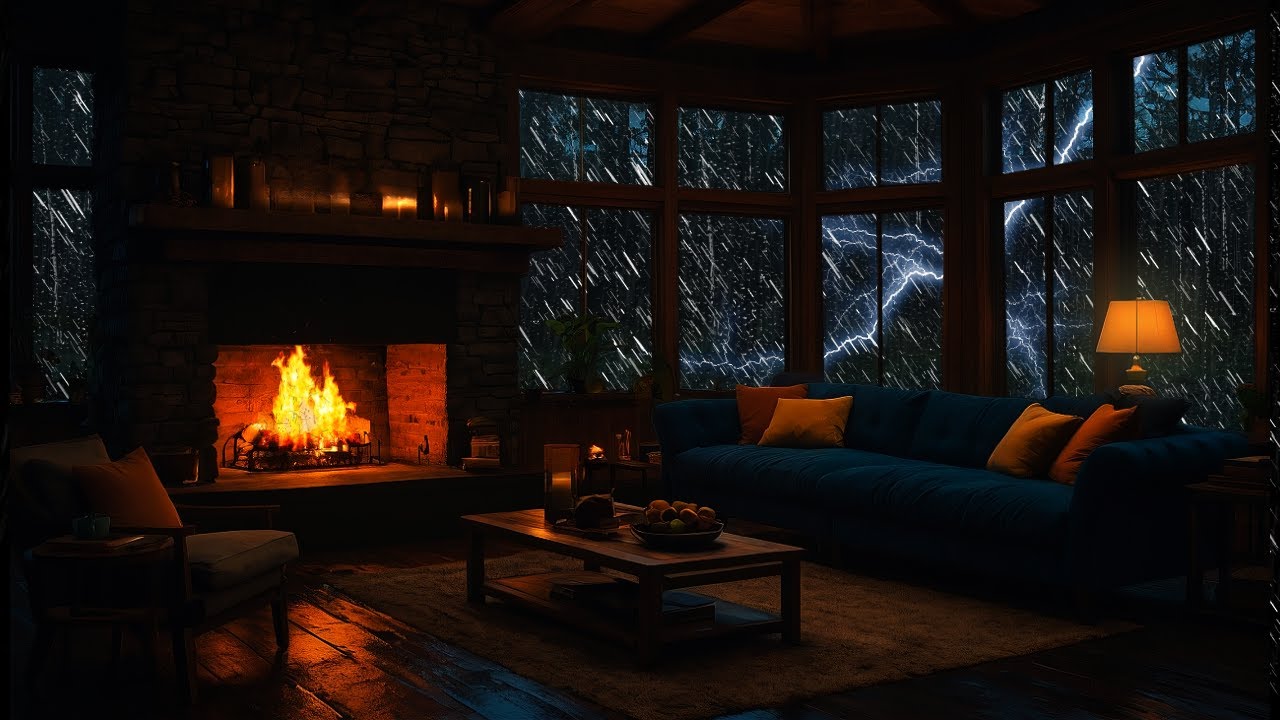 Cozy Cabin Ambience with Fireplace at Night an Rainfall for Relaxation ...