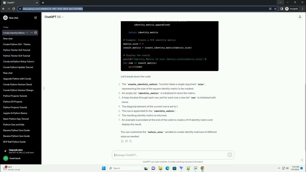 create identity matrix python without numpy - YouTube