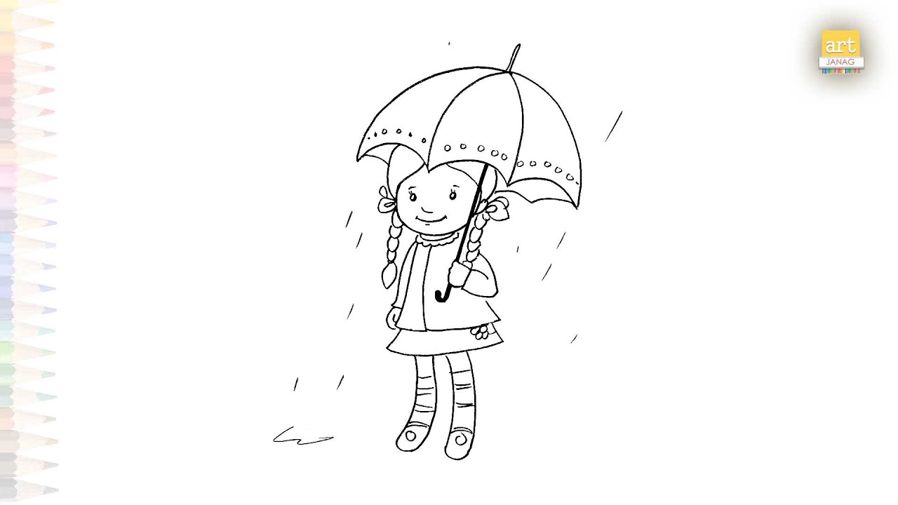 Cute girl in rain drawing easy | Outline sketches | How to draw A Girl ...