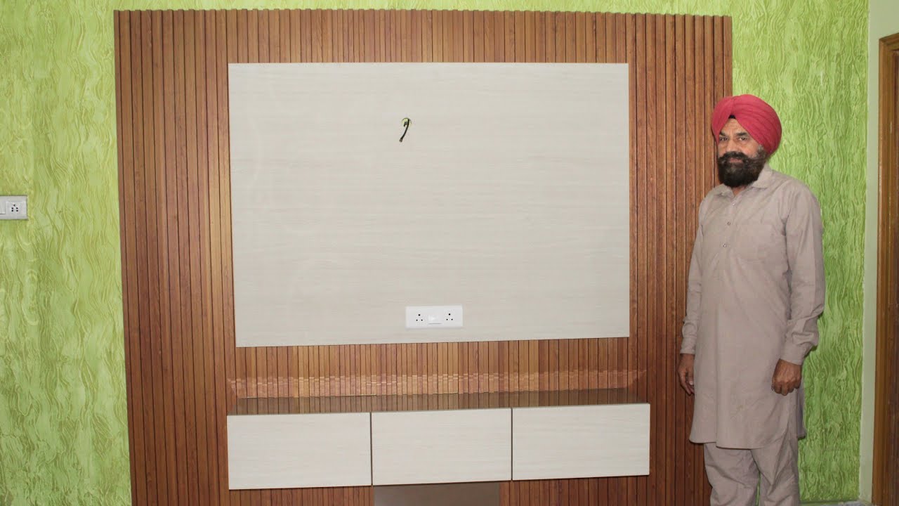 LCD Screen Panel unit Design||wooden Louvre and cream laminate ...