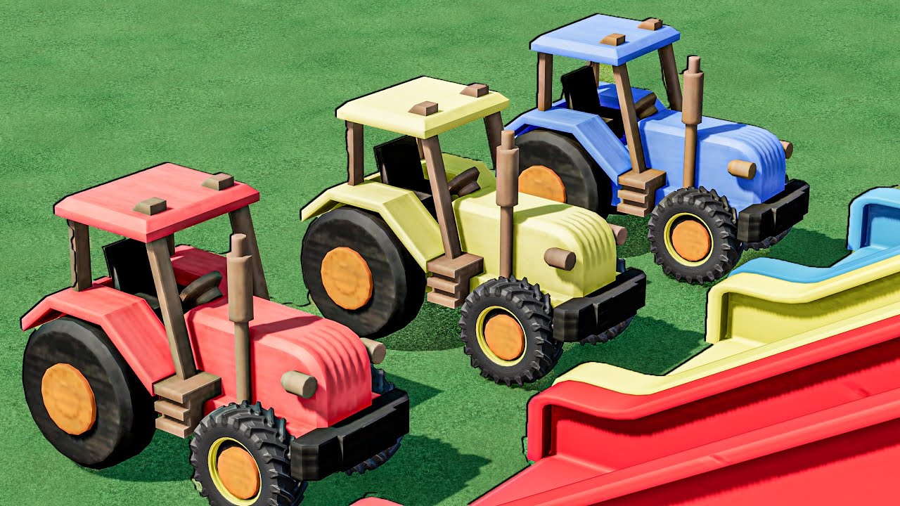 Work with Colors - TOY Tractors on SLIDE - Transporting To Garage On ...