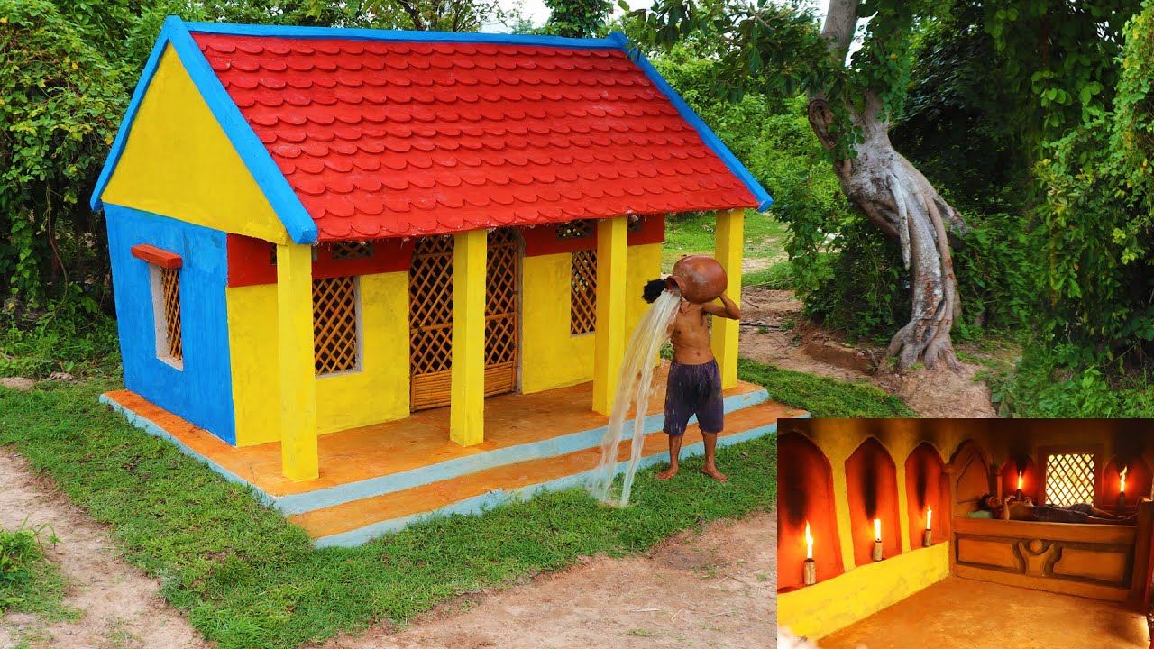 Construct Beautiful Colors Mud Huts Design, Living In Forest - YouTube