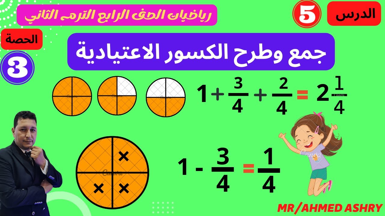 الدرس 5 الوحدة 9 أجزاء من الكل جمع وطرح الكسور الاعتيادية رياضيات الصف الرابع الترم الثاني 2023