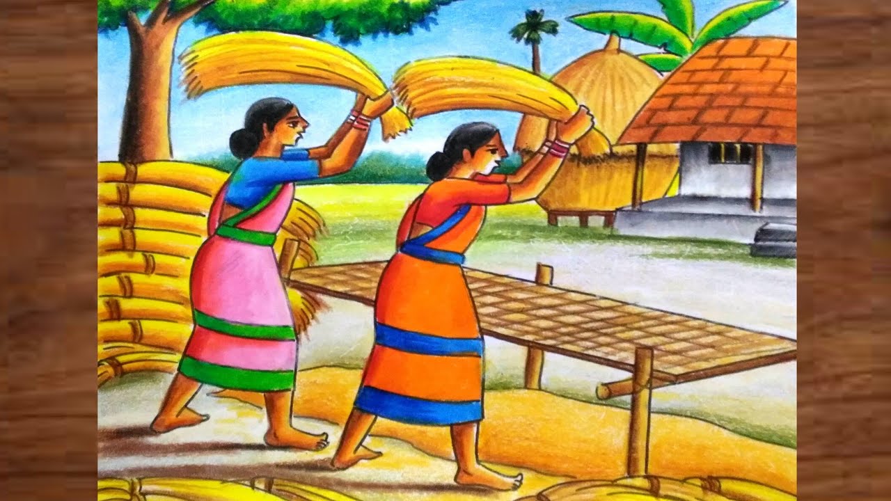 Village working women drawing step by step/working girl drawing with ...