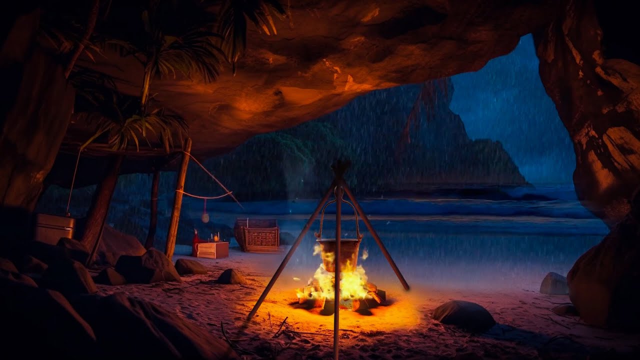 🌧️ Spend a Night in a Cave with Heavy Rain | Crackling Fire, Rain ...