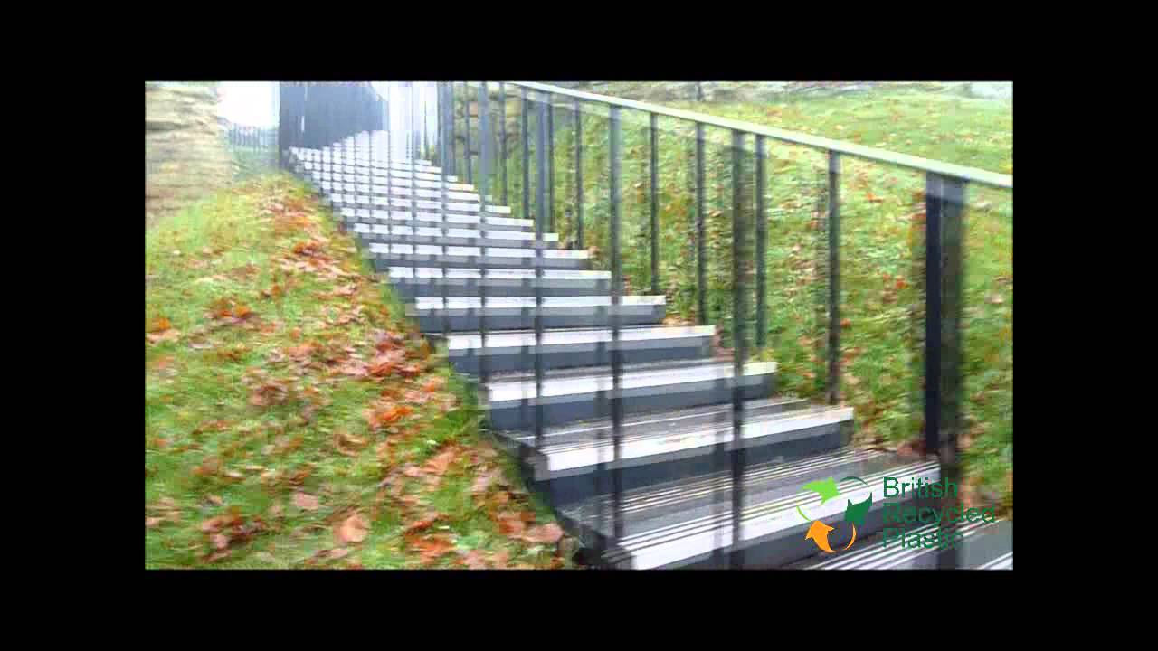 Recycled plastic sleepers used as steps at Pontefract Castle - YouTube