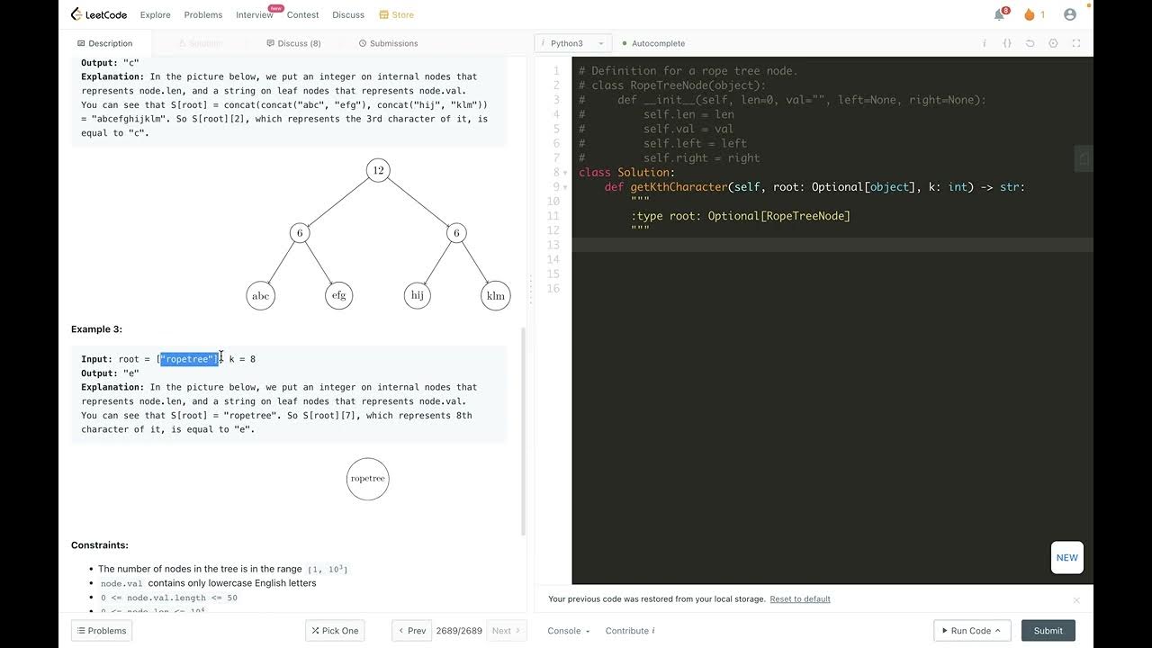 leetcode 2689. Extract Kth Character From The Rope Tree - recursion and comments on problem ...