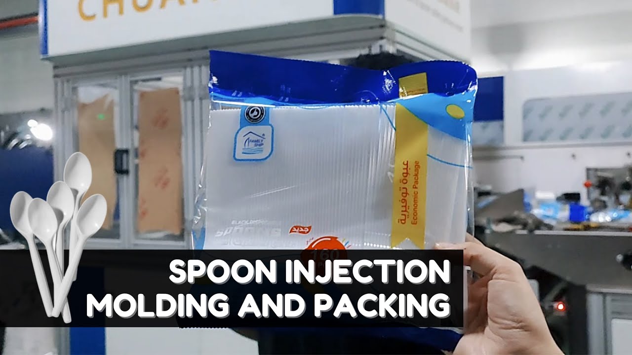 Plastic spoon injection molding machine and packing machine - YouTube