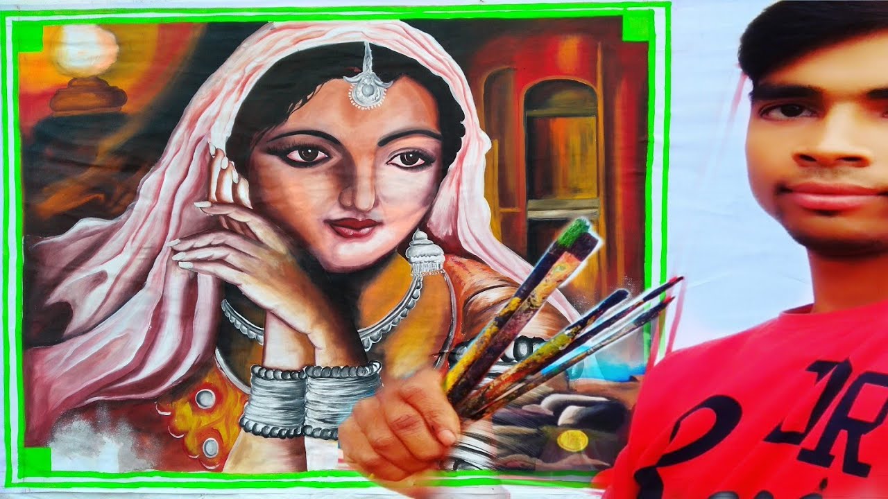 watercolor and acrylic colour painting of राजस्थानी nari - YouTube