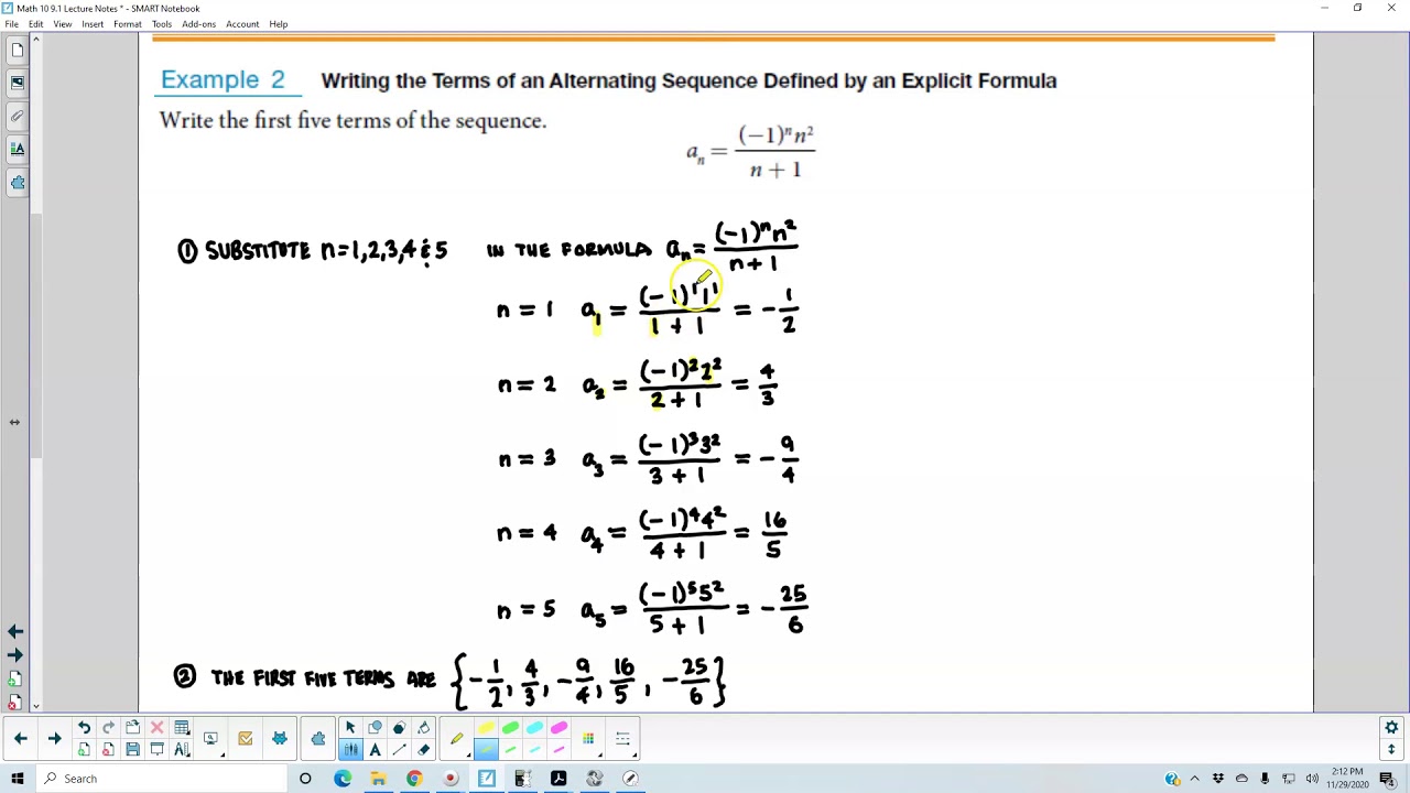 Math 10 9.1 Example 2 Writing the Terms of an Alternating Sequence Defined by an Explicit ...