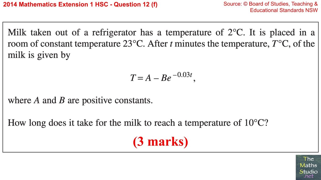 2014 Maths Extension 1 HSC Q12f Solve applied exponential decay problem ...