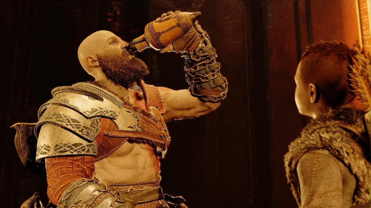 God of War 4 Kratos and Atreus drink win together to celebrate the end ...