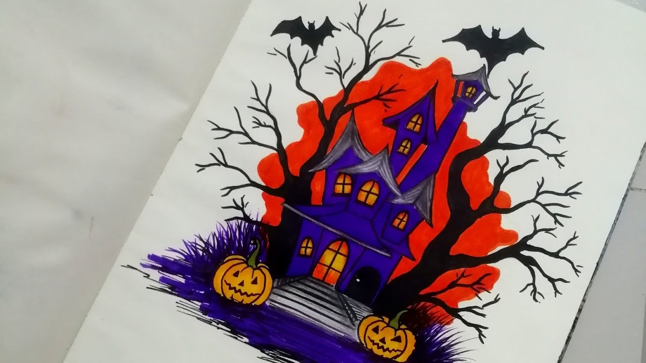How to draw a haunted house easy _ Haunted house drawing ।। Halloween ...