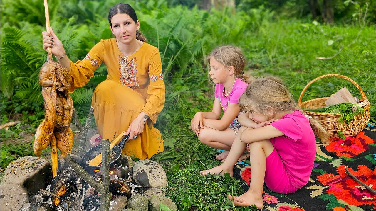 Country Girl Cooks a Delicious Rabbit on a Wood Stick in the Wild - YouTube