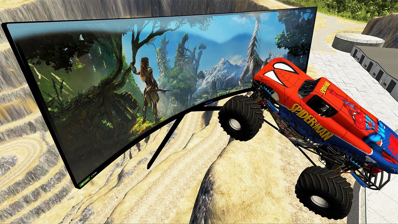 High Speed Car Jumps Into Computer Monitor – BeamNG.Drive - YouTube