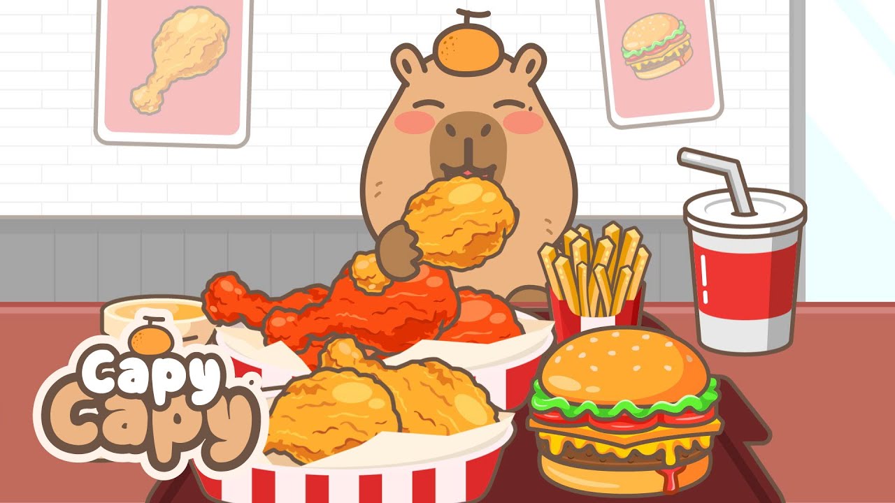 Capy Capy / Capybara cartoon / Hamburger, fried chicken fried potatoes ...