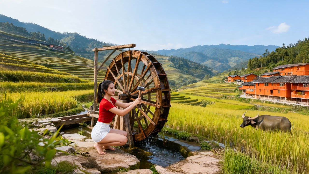 TIMELAPSE -- Young Woman Builds WATERWHEEL That Powers His Entire Log ...