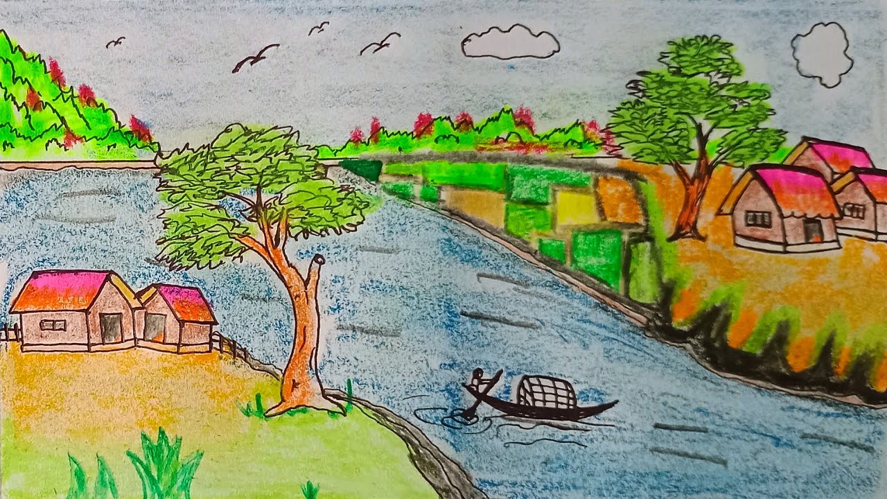 A wonderful river scene painting | Learning to draw villages | Draw ...