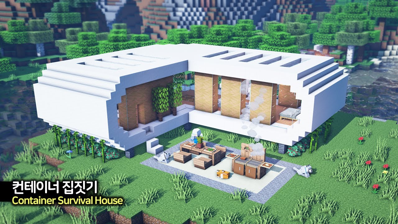 ⛏️ 마인크래프트 야생 건축 강좌 :: 🏡 컨테이너 집 만들기 🌴 [Minecraft White Container House ...