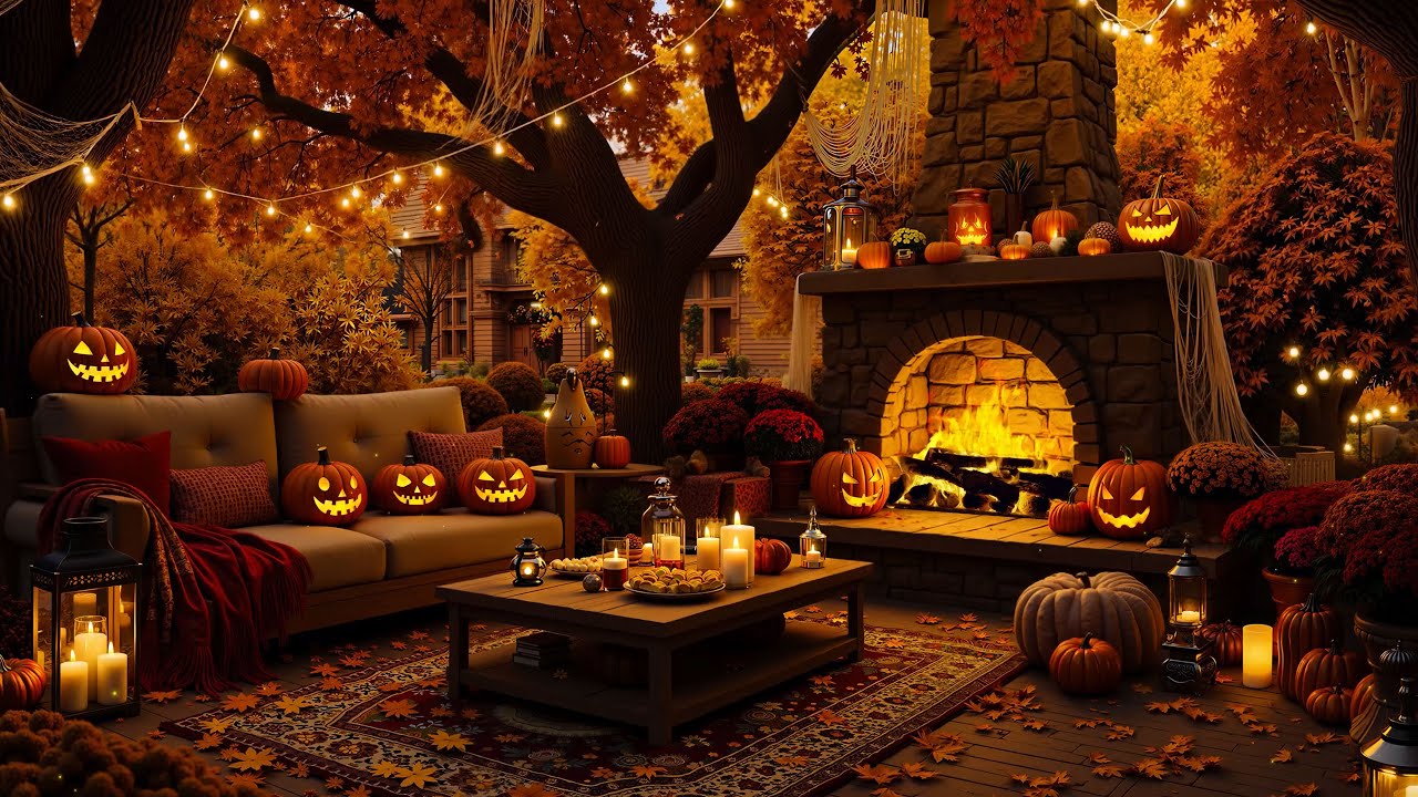 Peaceful Fall Porch Ambience 🎃 Warm Pumpkin Jazz with Fireplace Sounds ...
