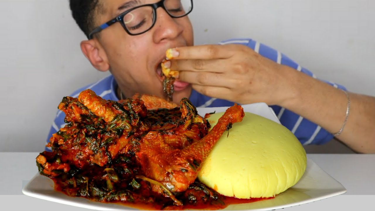 Fufu And Efo Riro Or Vegetable Soup With Native Chicken | African Food ...